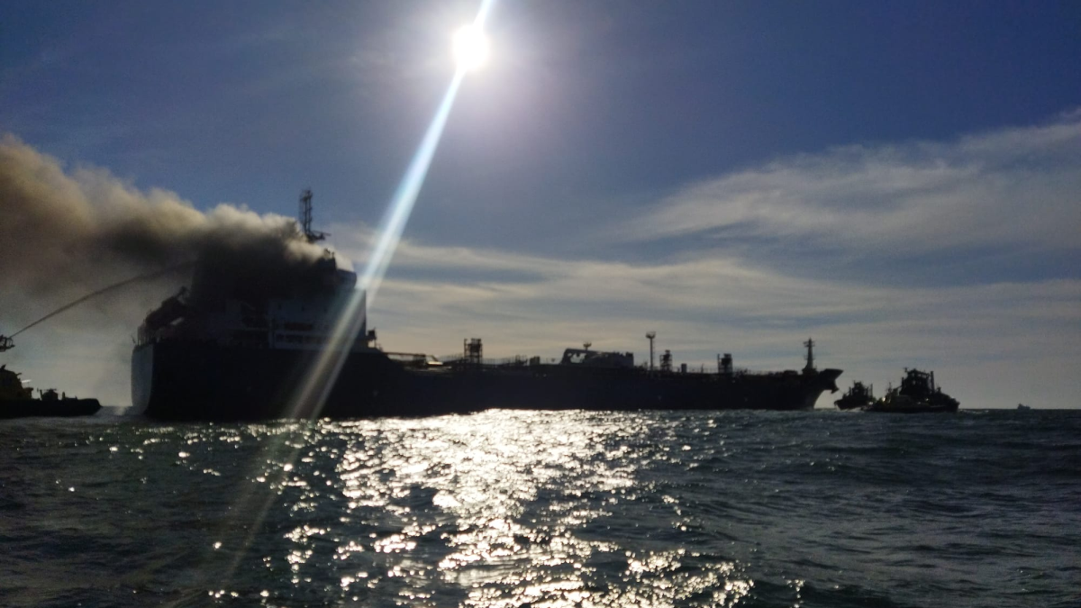 Riviera - News Content Hub - Burning tanker towed to safety, crew evacuated